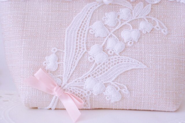 ポーチ ツイード スズランとピンクのリボン Lサイズ[P-044] | iichi ハンドメイド・アンティーク・食品・ギフト・手作り