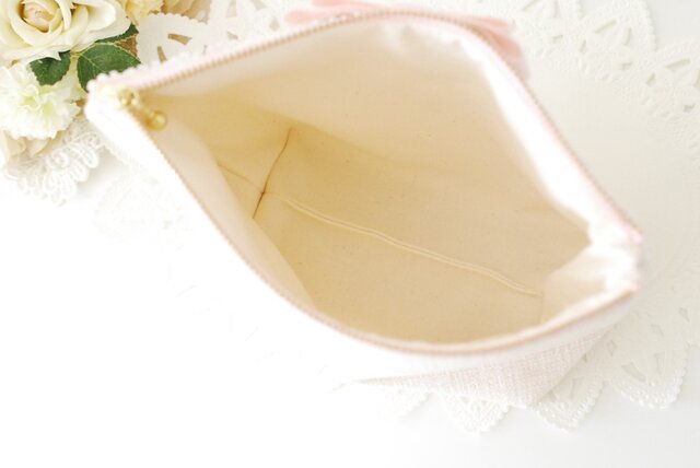 ポーチ ツイード スズランとピンクのリボン Lサイズ[P-044] | iichi ハンドメイド・アンティーク・食品・ギフト・手作り