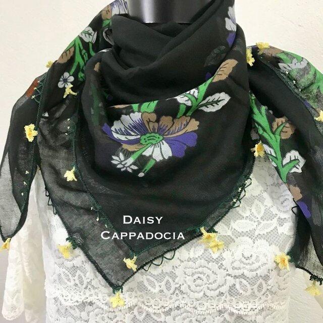 スプリングセール！ イーネオヤ コットン・ハンドペイント スカーフ ブラック | daisy-oya | ハンドメイド通販 iichi（いいち）