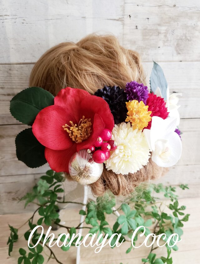 花雅 江戸椿と金糸ボールの髪飾り12点Set No348 | iichi 日々の暮らしを心地よくするハンドメイドやアンティークのマーケットプレイス