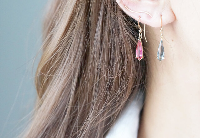 【14KGF】Earrings,Thin Teardrop -Ruby/Grey/Black/Crystal- | iichi ハンドメイド・クラフト作品・手仕事品の通販