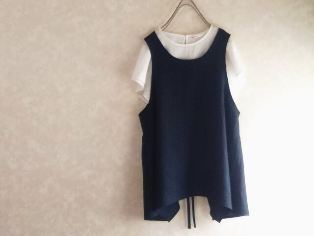 オーダー受付 新作 送料無料 くったりリネン100 ネイビー色 変形エプロンチュニック L～2L | iichi ハンドメイド・クラフト作品・手仕事品の通販