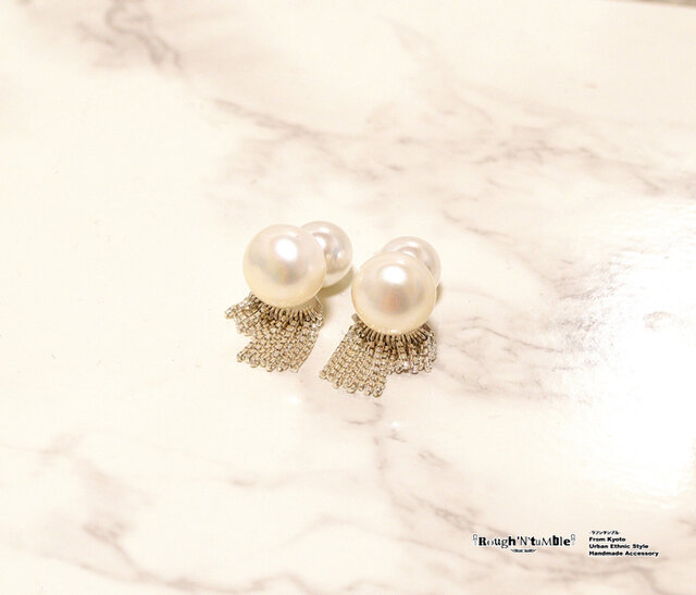 Big pearl chain fringe pierce | iichi ハンドメイド・クラフト作品・手仕事品の通販