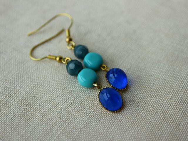 ブルー＊青＊ヴィンテージチェコ＊French Style Jewelry＊真鍮ピアス＊no312 | iichi ハンドメイド・クラフト作品・手仕事品の通販