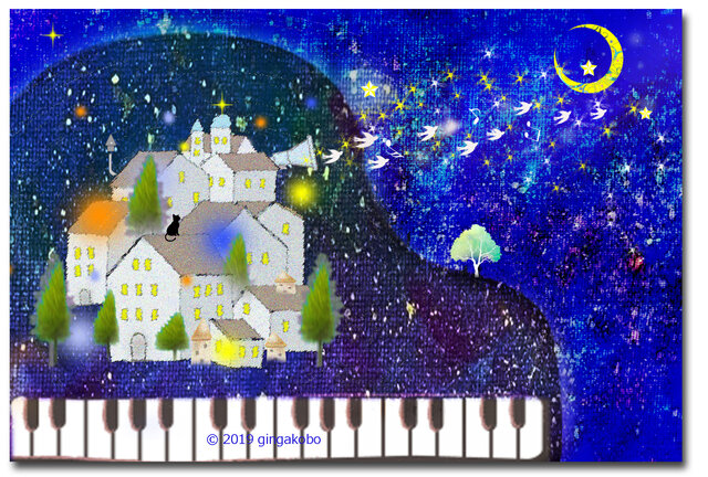 「星と鳥が奏でる調べ」 ほっこり癒しのイラストポストカード2枚組 No.880 | iichi ハンドメイド・クラフト作品・手仕事品の通販