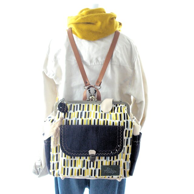 3WAYBIGリュック☆右ファスナー＆背中ポケット付き バンブー柄×ニット イエロー×ベージュ | iichi ハンドメイド・クラフト作品・手仕事品の通販