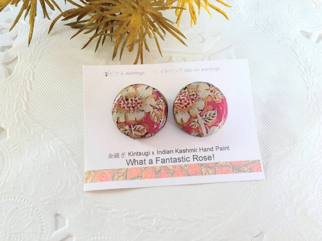 金継ぎ x Kashmir Hand Paint ピアス イヤリング（Gold x Pink Round shape) | iichi ハンドメイド・クラフト作品・手仕事品の通販
