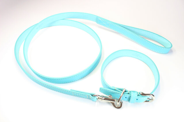【送料無料】本革首輪&リード セット〈中型犬〉 高級レザーヌメ革 ターコイズブルー サイズ調整可 幅21mm | iichi ハンドメイド・クラフト作品・手仕事品の通販
