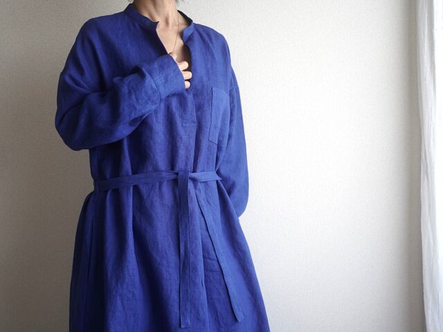 リネンV開きワンピース ブルー No.150-09 | iichi ハンドメイド・アンティーク・食品・ギフト・手作り