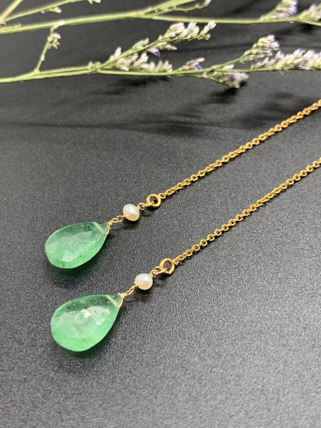 グリーンエピドートインクォーツ 淡水パール 14kgf ゆらゆら揺れるアメリカンピアス 天然石 | iichi ハンドメイド・クラフト作品 ...