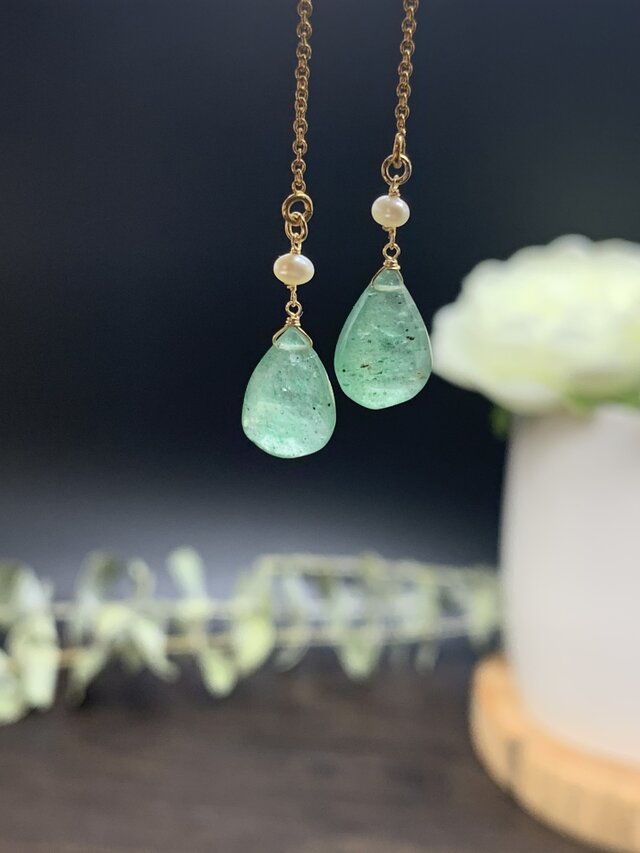 グリーンエピドートインクォーツ 淡水パール 14kgf ゆらゆら揺れるアメリカンピアス 天然石 | iichi ハンドメイド・クラフト作品 ...