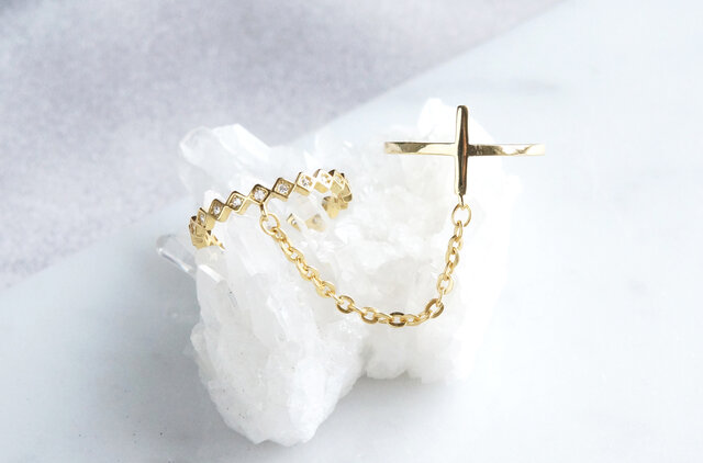 【Sterling silver 925 】CZ & Cross Adjustable Double ChainRing | iichi ハンドメイド・クラフト作品・手仕事品の通販