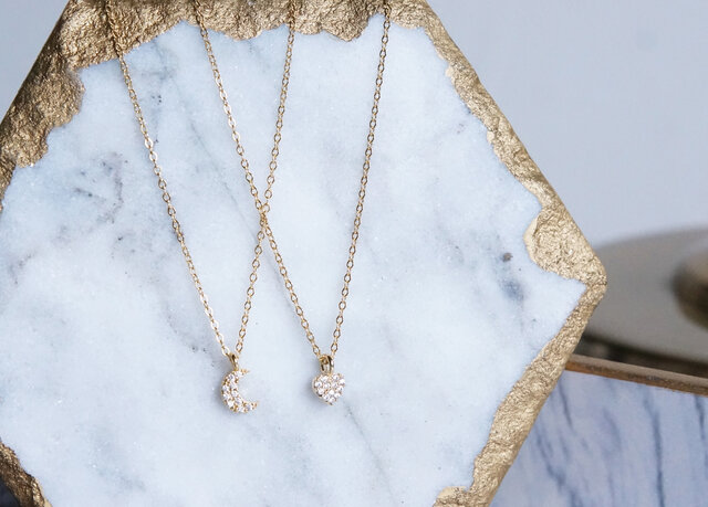 【14KGF】Tiny CZ Pave Necklace/Crescent Moon/Heart | iichi ハンドメイド・クラフト作品・手仕事品の通販