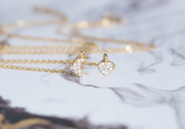 【14KGF】Tiny CZ Pave Necklace/Crescent Moon/Heart | iichi ハンドメイド・クラフト作品・手仕事品の通販