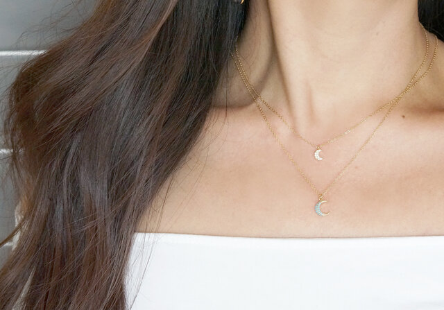 【14KGF】Tiny CZ Pave Necklace/Crescent Moon/Heart | iichi ハンドメイド・クラフト作品・手仕事品の通販
