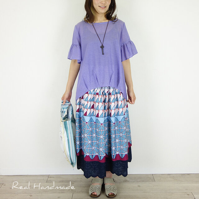 [予約販売] ネイビースカラップと幾何学Wスカート | iichi ハンドメイド・クラフト作品・手仕事品の通販