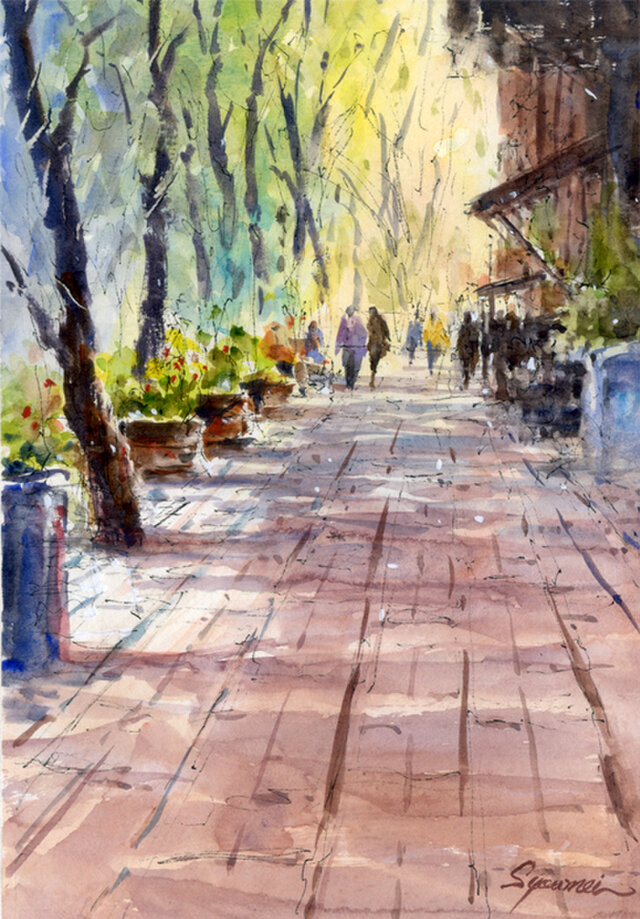 水彩画原画 木陰の歩道 ＃475 | iichi ハンドメイド・クラフト作品・手仕事品の通販