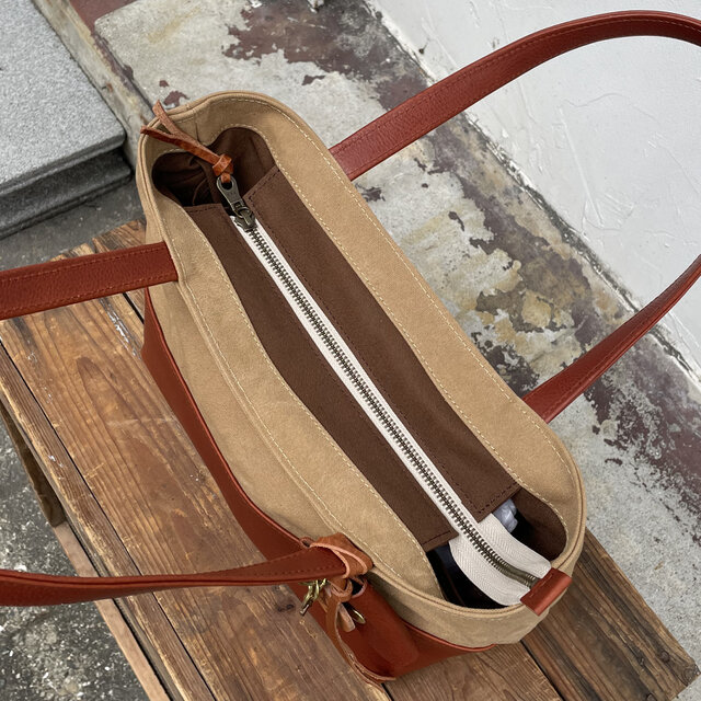 halb-mini-タン×ブラウン（倉敷帆布×イタリアンレザートートバッグ） | iichi ハンドメイド・クラフト作品・手仕事品の通販