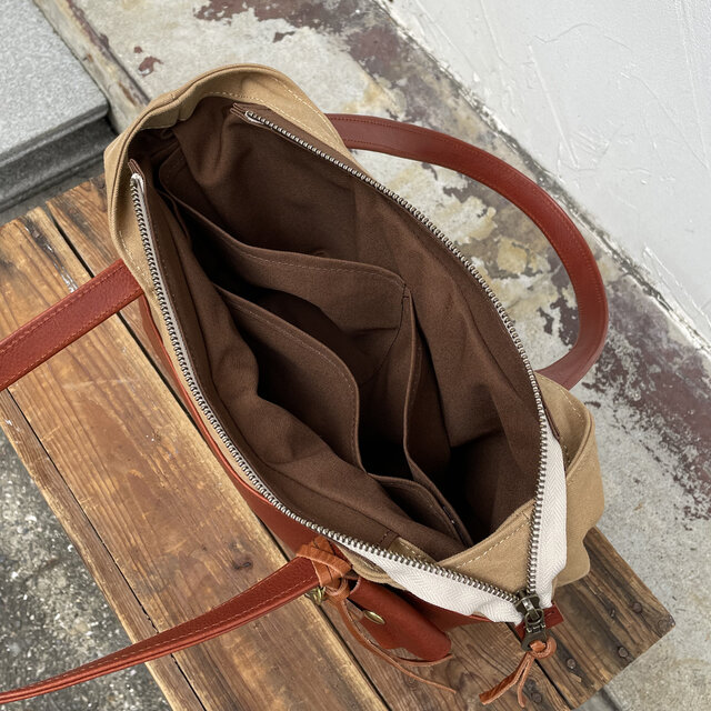 halb-mini-タン×ブラウン（倉敷帆布×イタリアンレザートートバッグ） | iichi ハンドメイド・クラフト作品・手仕事品の通販