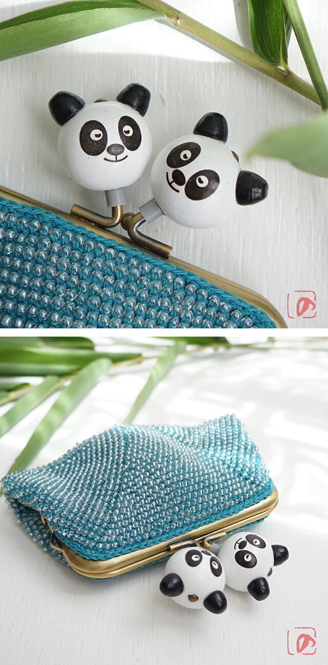 ばあば作 ♬ 仲良しパンダのビーズがま口（みずいろ・1528） | iichi 日々の暮らしを心地よくするハンドメイドやアンティークのマーケットプレイス