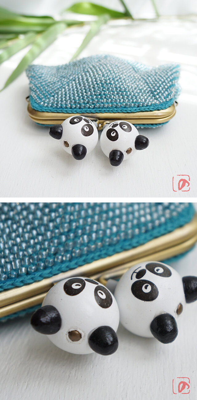 ばあば作 ♬ 仲良しパンダのビーズがま口（みずいろ・1528） | iichi 日々の暮らしを心地よくするハンドメイドやアンティークのマーケットプレイス