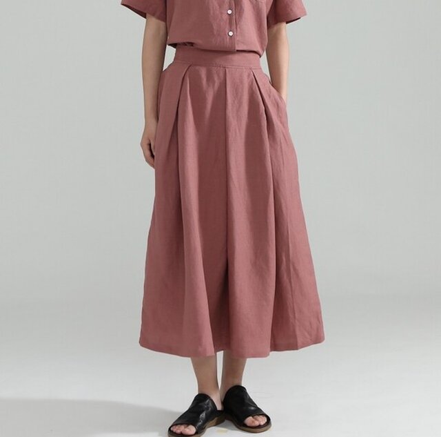 ふわり、ひらり、美しいドレープを描く美形スカート コットンリネン ロングスカート くすんだローズ色 210807-3 | iichi ハンドメイド・クラフト作品・手仕事品の通販