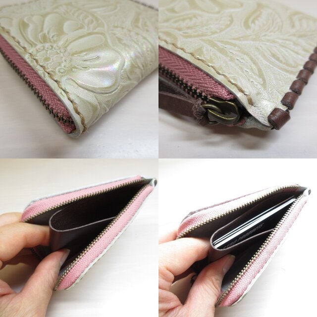 牛革・スリムタイプ・L字ファスナー・ショートウォレット・フラワー型押・0026 | iichi ハンドメイド・クラフト作品・手仕事品の通販