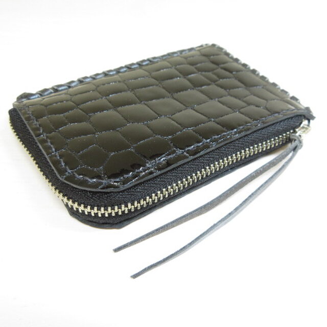 牛革・スリムタイプ・L字ファスナー・ミニウォレット・エナメル型押しクロコ・0024 | iichi ハンドメイド・クラフト作品・手仕事品の通販