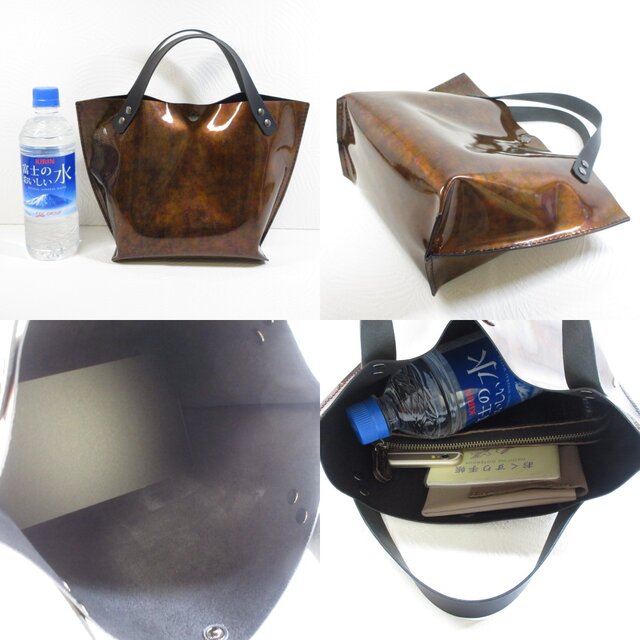 《牛革》底マチワイド・エナメル・ブラウン系マーブル・一枚革のミニトート・0338 | iichi ハンドメイド・クラフト作品・手仕事品の通販