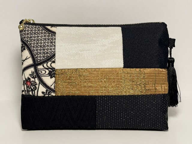 パッチワークのポーチ/16cmファスナー/インテリア生地×着物生地（P16-06） | iichi ハンドメイド・クラフト作品・手仕事品の通販