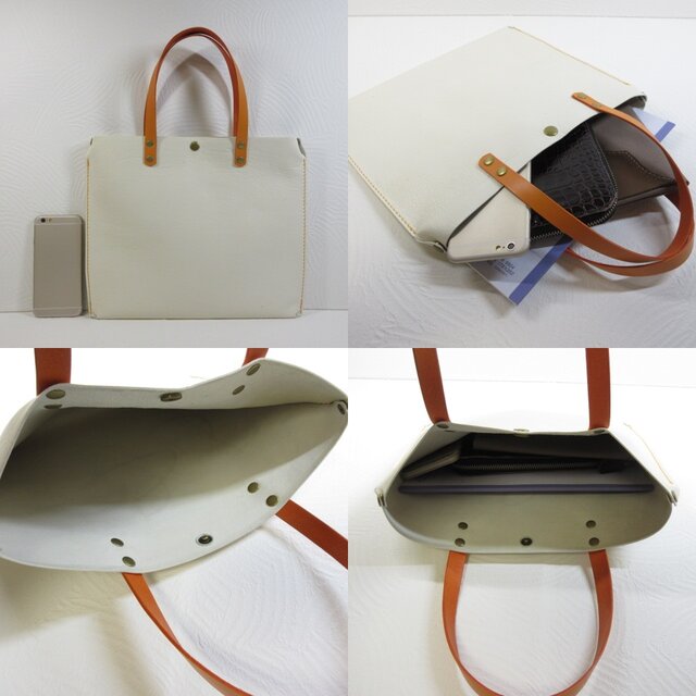 《牛革》B5対応フラットトート・オフホワイト・ソフトレザー・0359 | iichi ハンドメイド・クラフト作品・手仕事品の通販