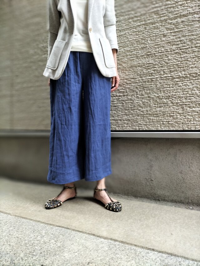 『リネン♥爽やか・ネイビーブルー』ワイドパンツ♥【M~4L】 | iichi 日々の暮らしを心地よくするハンドメイドやアンティークのマーケットプレイス