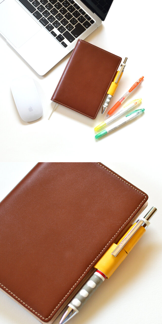 【A6サイズ手帳カバー・バタフライペンホルダータイプ コーヒーブラウン】本革製 MK-1004-SN3 | iichi ハンドメイド・クラフト作品・手仕事品の通販