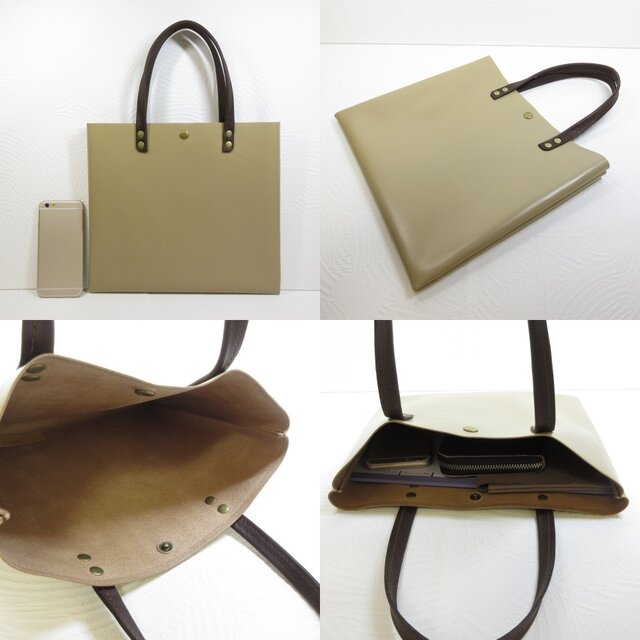 《牛革》ちょい持ちミニトート♪「スクエアタイプ」スムース・カフェオレ・0296 | iichi ハンドメイド・クラフト作品・手仕事品の通販