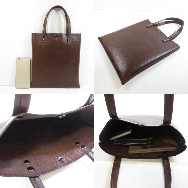 《牛革》ちょい持ちミニトート♪ダークブラウン・ソフトレザー・ワンレザー仕上げ・0322 | iichi ハンドメイド・クラフト作品・手仕事品の通販