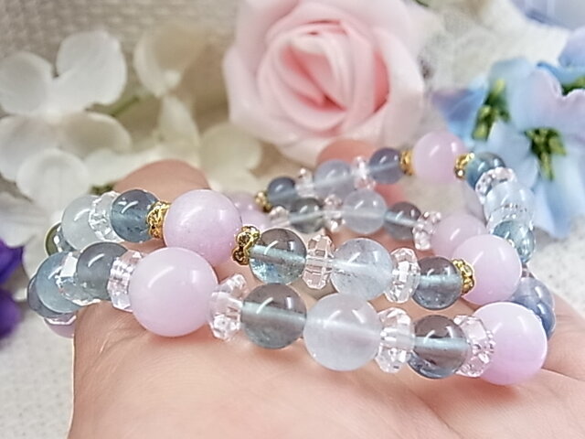 ♡紫陽花色のブレスレット♡クンツァイト アクアマリン フローライト ラベンダーカラー 優しい 美しい 天然石 G47 | iichi ハンドメイド・クラフト作品・手仕事品の通販