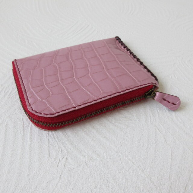 牛革・L字ファスナーショートウォレット・型押しクロコ・0487 | iichi ハンドメイド・クラフト作品・手仕事品の通販