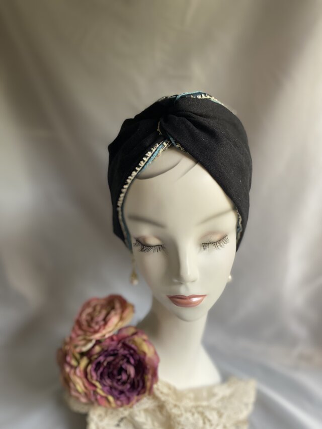 エレガントなワイヤーターバン（ブルー×ブラック系）•*¨*•.¸¸♪大人のストライプレース capellaオリジナル | iichi ハンドメイド・クラフト作品・手仕事品の通販