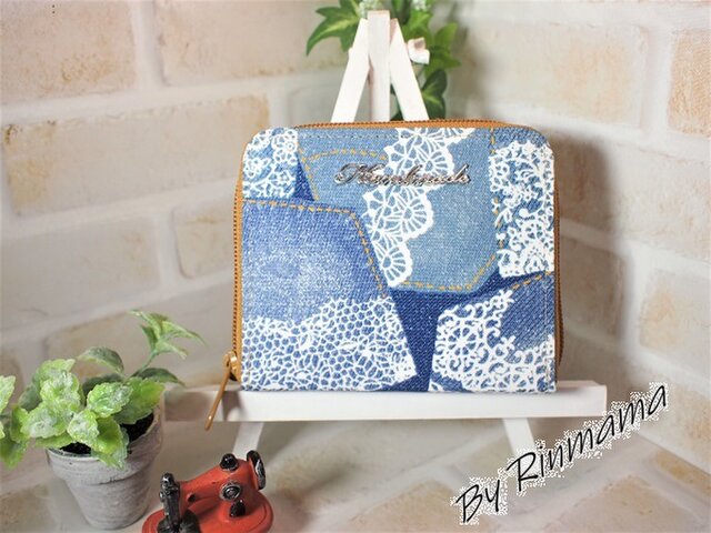 デニム風 ポケット＆レースのパッチワーク風柄のミニ財布 | iichi ハンドメイド・クラフト作品・手仕事品の通販