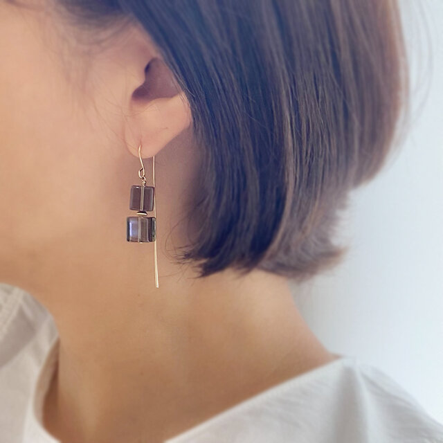 14Kgf スモーキークォーツ ロングフックピアス/イヤリング --Coffee cubes-- | iichi ハンドメイド・クラフト作品・手仕事品の通販