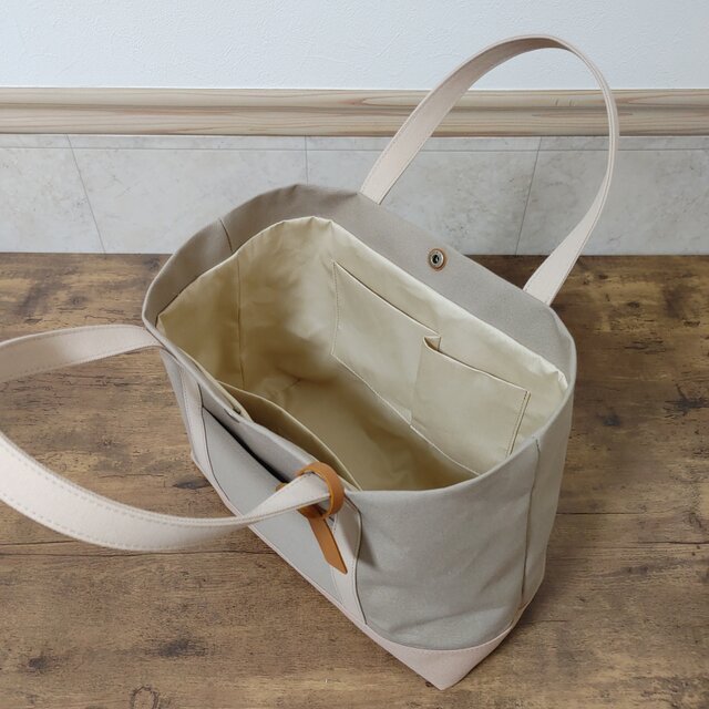 帆布トートバッグ L グレージュ×ピンクベージュ×フォーン | iichi ハンドメイド・クラフト作品・手仕事品の通販