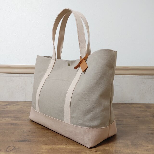 帆布トートバッグ L グレージュ×ピンクベージュ×フォーン | iichi ハンドメイド・クラフト作品・手仕事品の通販