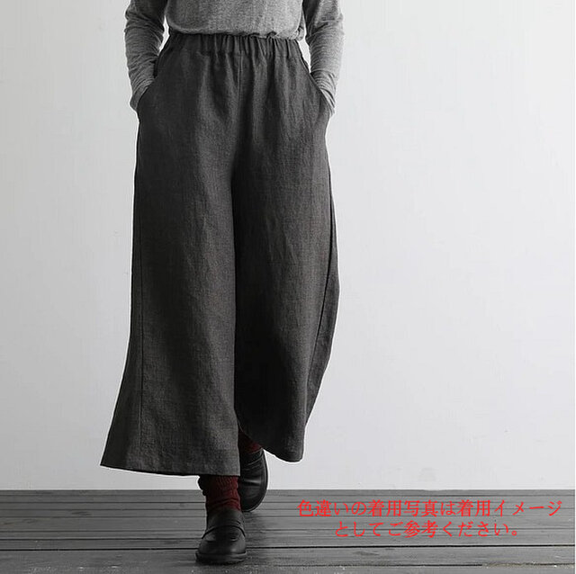 ウエストが楽な着やせワイドパンツ リネンロングパンツ 秋冬にも 紺色 200907-6 | iichi 日々の暮らしを心地よくするハンドメイドやアンティークのマーケットプレイス