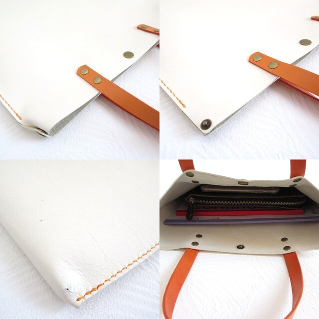 《牛革》B5対応フラットトート・ハンドステッチ・オフホワイト・ソフトレザー・0359 | iichi ハンドメイド・クラフト作品・手仕事品の通販