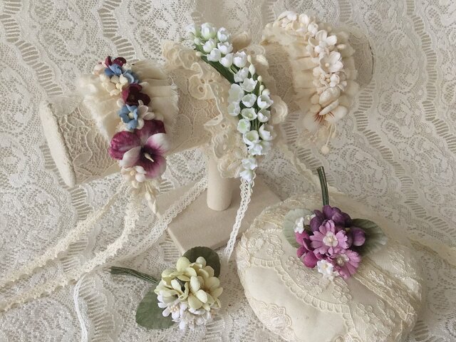 ドール用レースと染め花スズランのヘッドドレス（L) | iichi 日々の暮らしを心地よくするハンドメイドやアンティークのマーケットプレイス