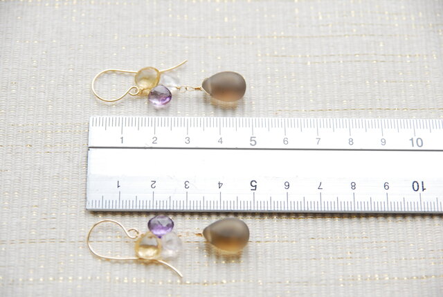 マロンカットのカラーストーンとスモーキークォーツのピアス14kgf no.2 | iichi 日々の暮らしを心地よくするハンドメイドやアンティークのマーケットプレイス