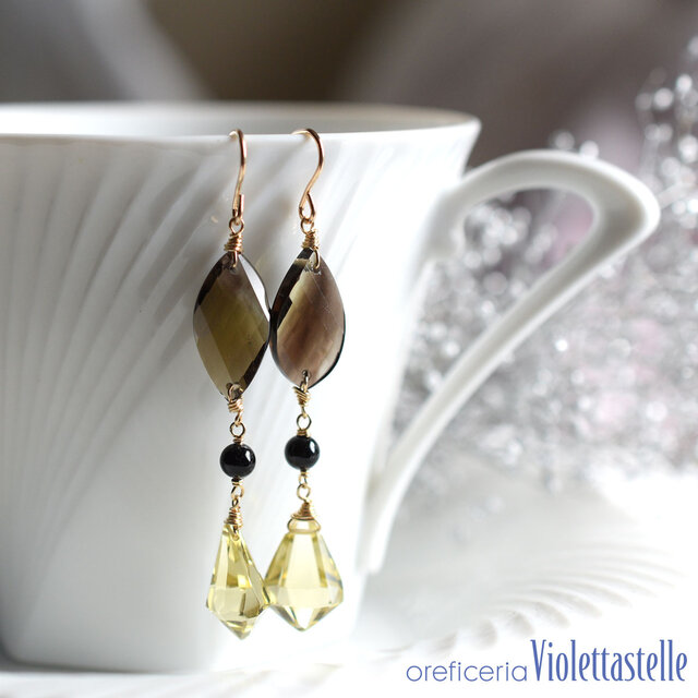14kgf スモーキーとレモンクォーツのピアス | iichi ハンドメイド・クラフト作品・手仕事品の通販