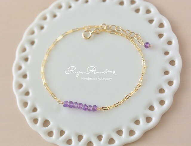 14kgf＊2月の誕生石＊ピンクアメジストのラインブレスレット(ウェーブチェーン) | iichi ハンドメイド・クラフト作品・手仕事品の通販