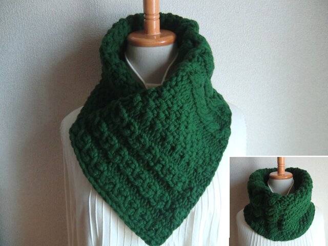 ラムウール アラン模様のカウル Lサイズ（グリーン）typeB | iichi ハンドメイド・クラフト作品・手仕事品の通販