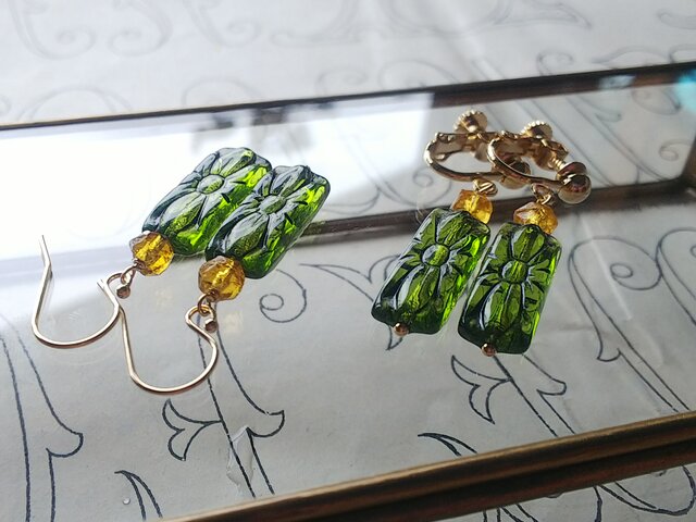 ヴィンテージ Olive/Topaz Rectangle-flower（20×8㎜）14Kgfピアス（またはイヤリング） | iichi ハンドメイド・クラフト作品・手仕事品の通販